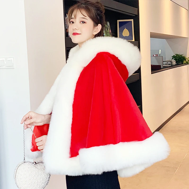 Women Winter Warm Christmas Santa Cloak Hooded Red and White Thick Lady ...