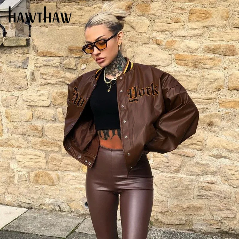 Hawthaw Women Autumn Winter Long Sleeve Letter Print Pu Leather Short ...