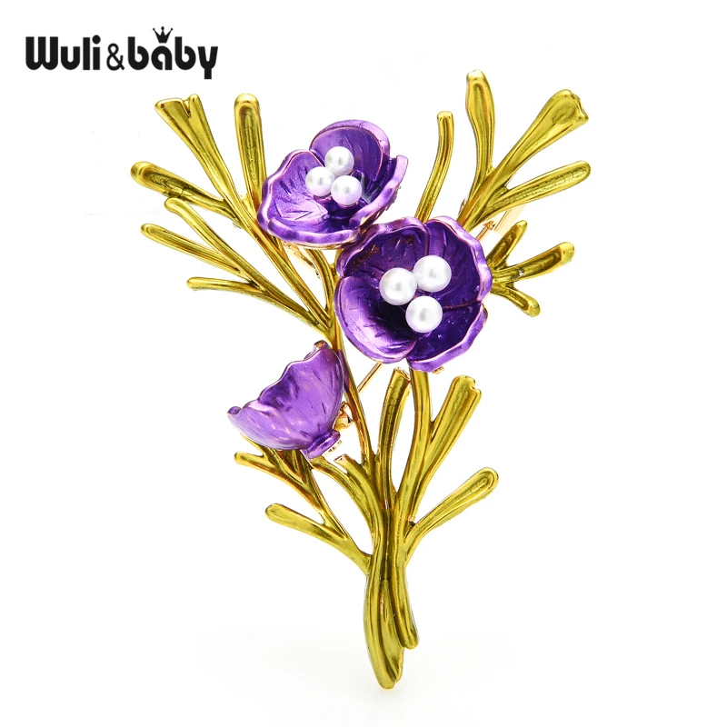 Wuli&baby Purple Orchid Flower Brooches For Women Pearl Enamel Flower ...