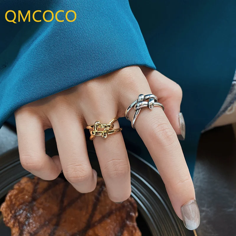 Qmcoco 성격 라인 간단한 반지 여자 실버 색상 한국어 스타일 디자인 열기 조절 색인 손가락 반지 트렌드 쥬얼리반지