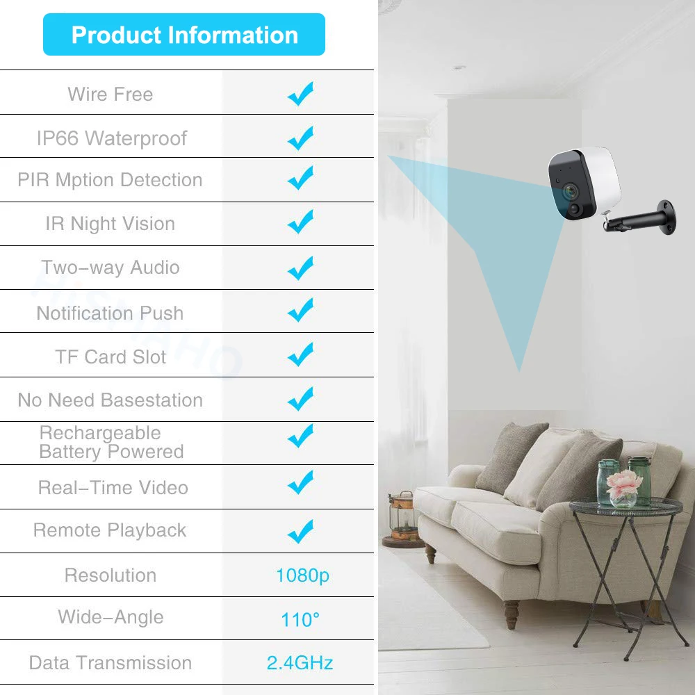 1080P наружная IP камера батарея WiFi питание 2MP Водонепроницаемая ...