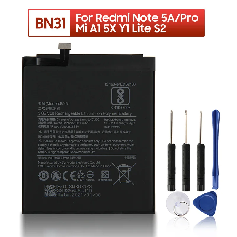 BN31 Replacement Battery For Xiaomi Mi 5X Mi5X A1 MiA1 Redmi Note 5A ...