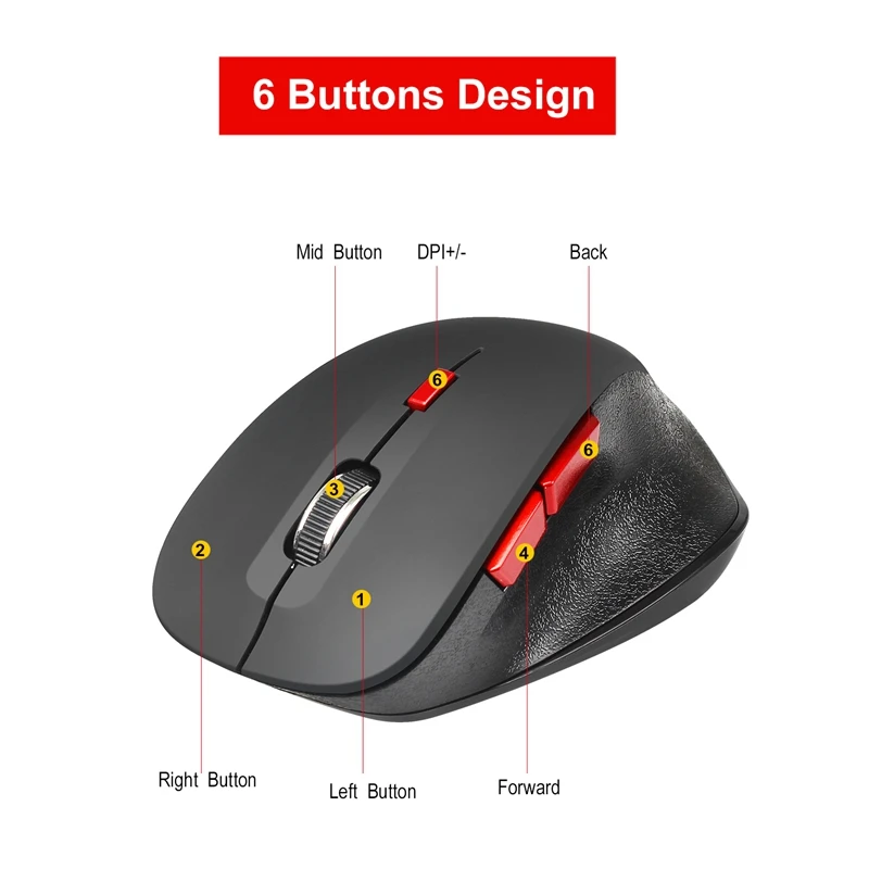 2.4Ghz Wireless Mouse Ergonomic Mice 6 Buttons 2400Dpi 4 Adjustment ...