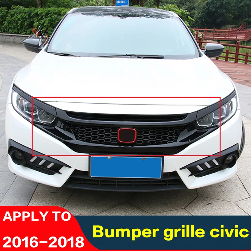 FOR Shiny Black Front Hood Mesh Bumper Grille For Honda Civic 16 17 18 ...