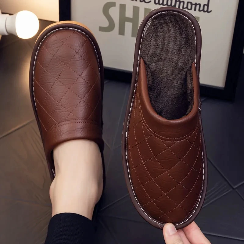 Luxury Genuine Leather Handmade Men House Slippers Winter Slip On Soft ...