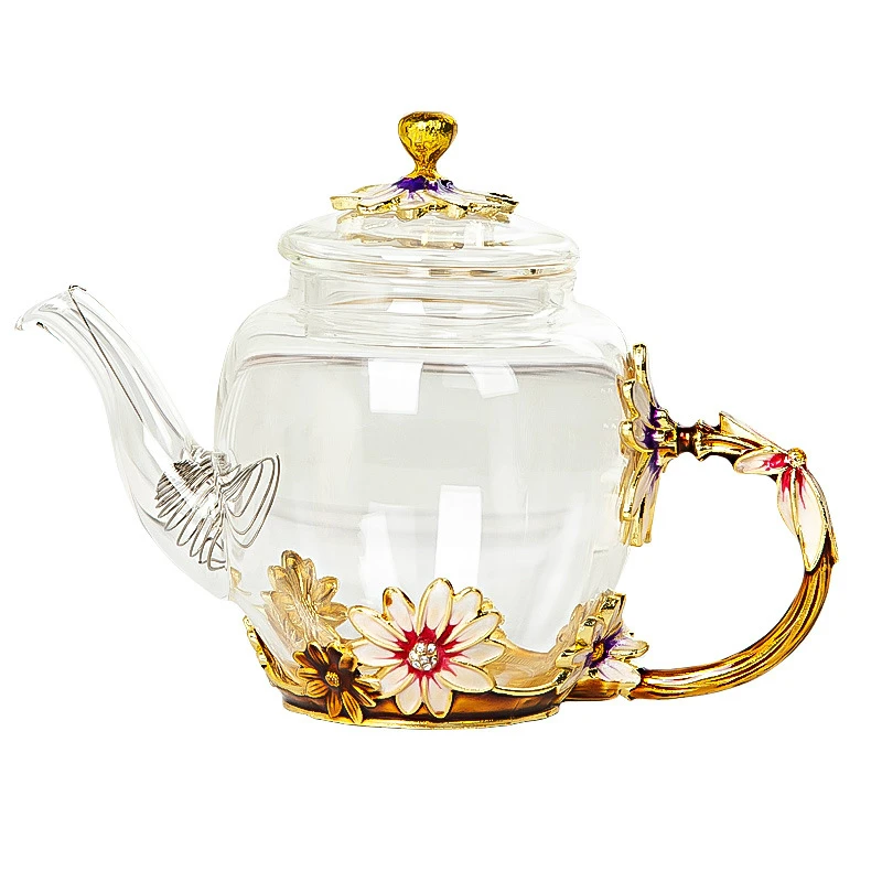 Beautiful Enamel Crystal Tea Set Daisy Glass Teapot For Hot And Cold ...