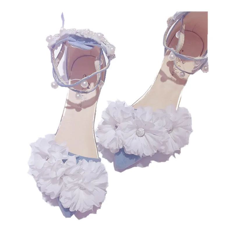 플라워 블루 뾰족한 얕은 신발 여성 샌들 로마 신발 빈티지 스위트 걸 신발 빅토리아 카와이 Cos 로리타 로리 신발신발