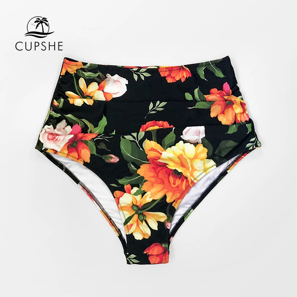 Cupshe Black Floral Print Shirring High-waist Bikini Bottom Women Sexy ...