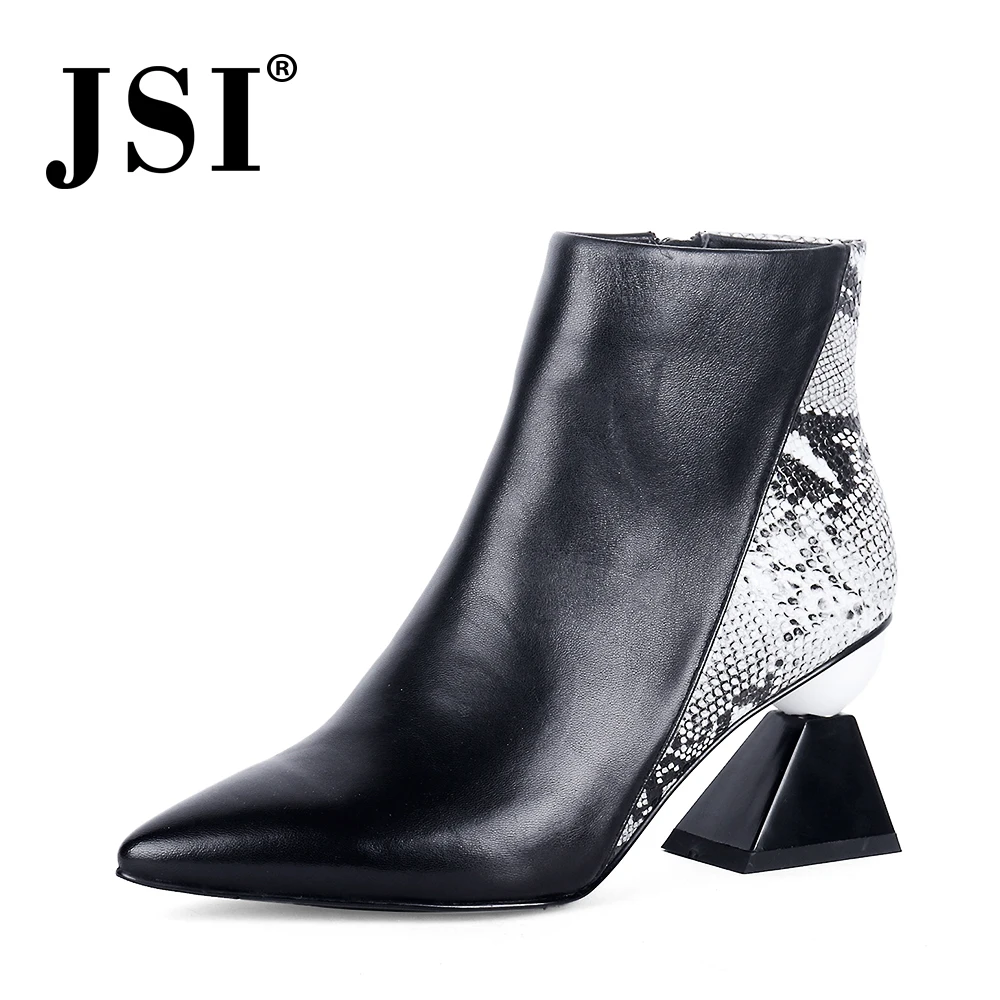 JSINew Ankle Stiefel Mode Spitz Snake Print Echtes Leder Mid Ferse Dame ...