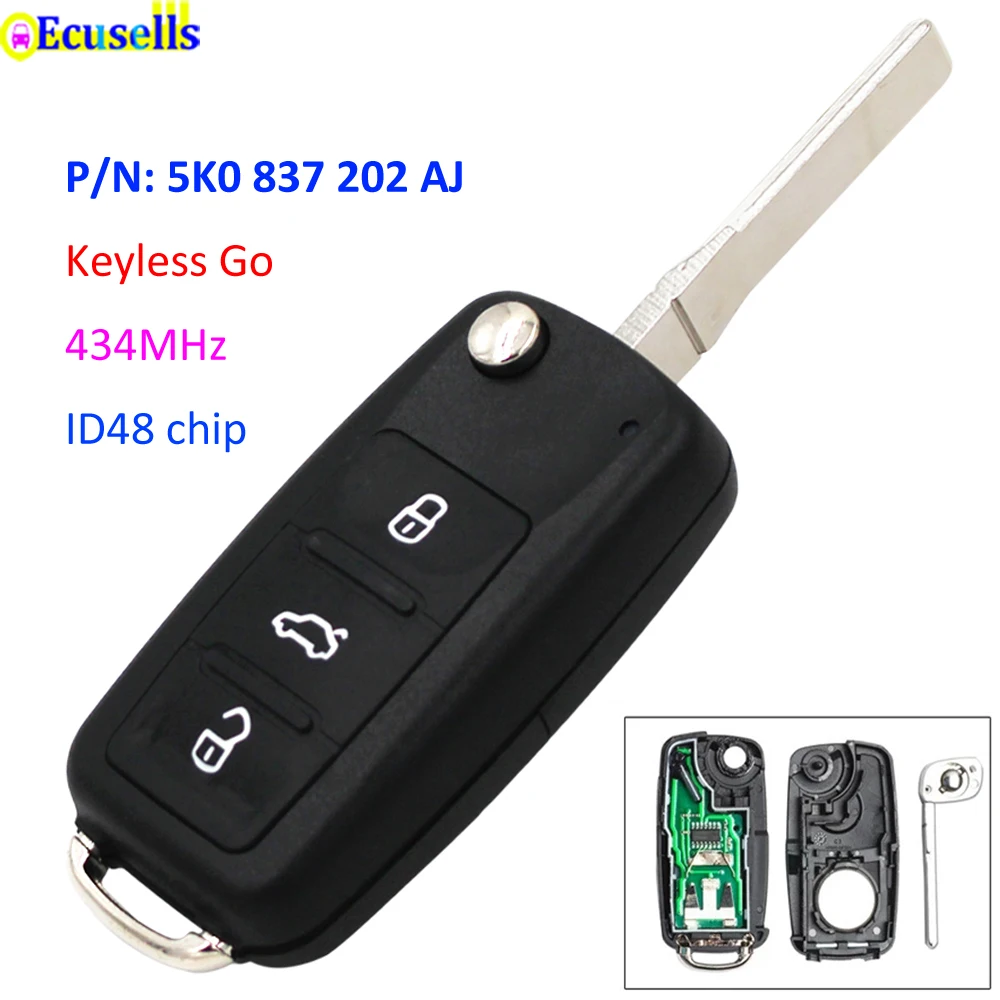 Flip Remote Key Fob 3 Button 434MHZ For VW Volkswagen Beetle Caddy Golf ...