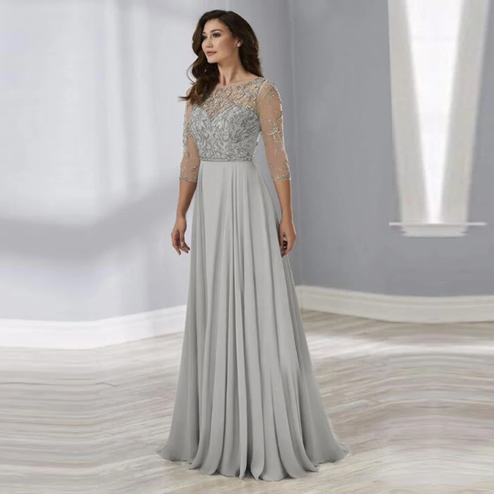 Customized Silver Mother Gowns 2024 Beaded Illusion Neck Mother of the ...
