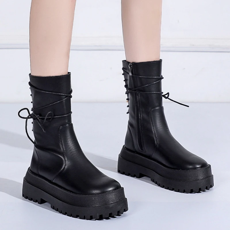 Rimocy Botines de plataforma de cuero PU para Mujer, zapatos de fondo grueso con correa cruzada ...