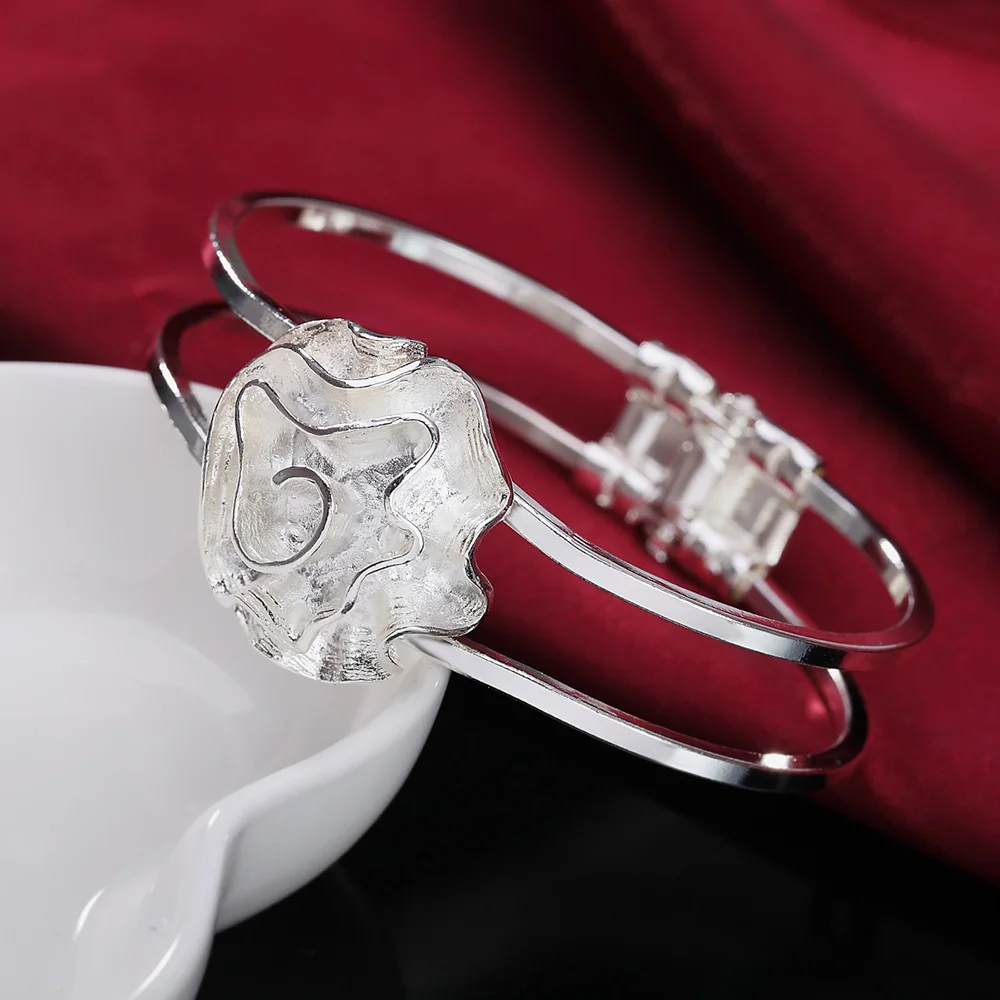 Fine 925 Stamp Silver color Jewelry set rose flower bangle rings ...