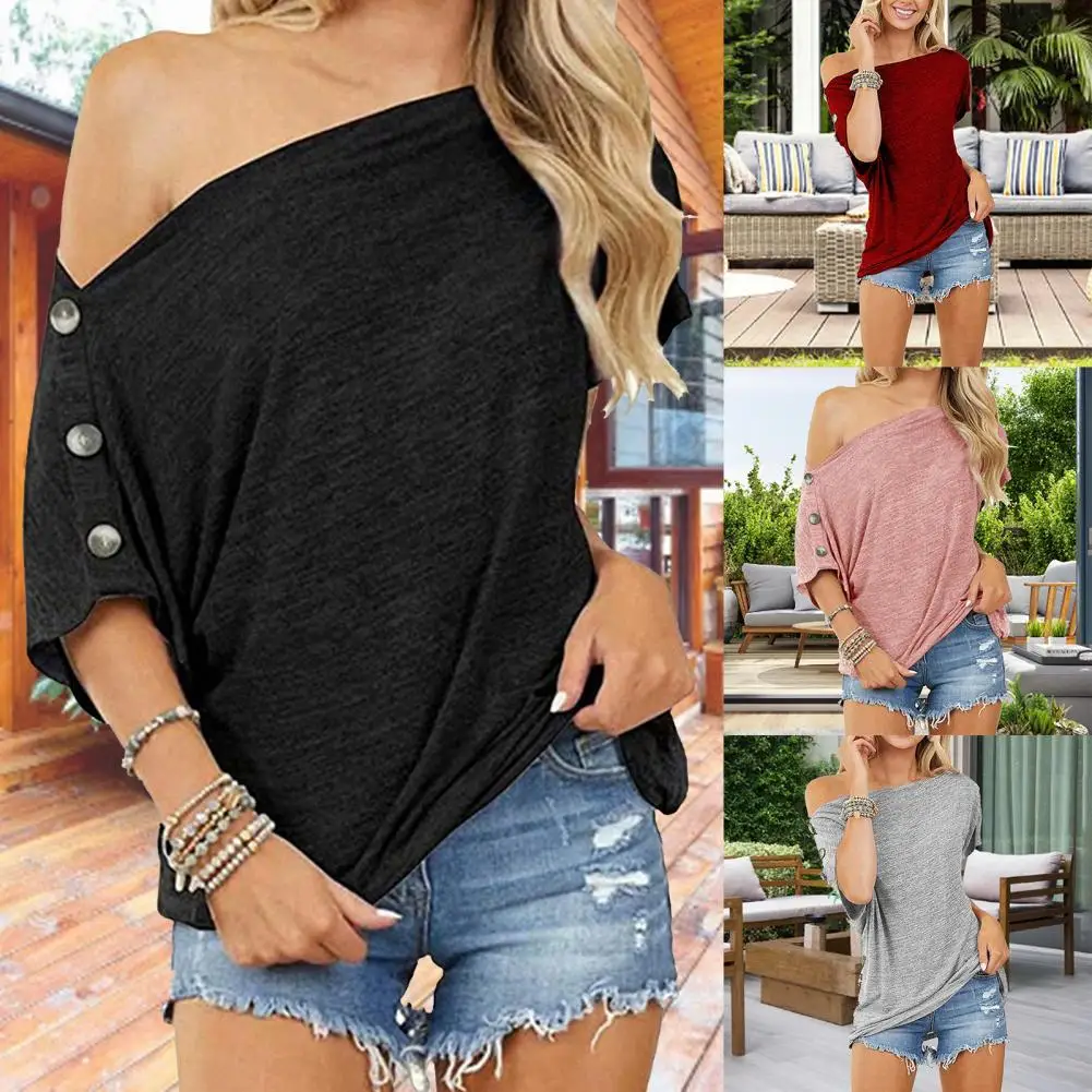 T-Shirts-Women-Tops-Off-Shoulder-Easily-Match-Cotton-Blend-Oversize ...