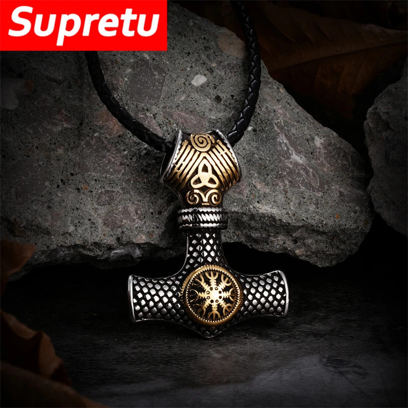 Norse-Viking-Thors-Hammer-Necklaces-Double-sided-Rune-Triangle-Compass ...