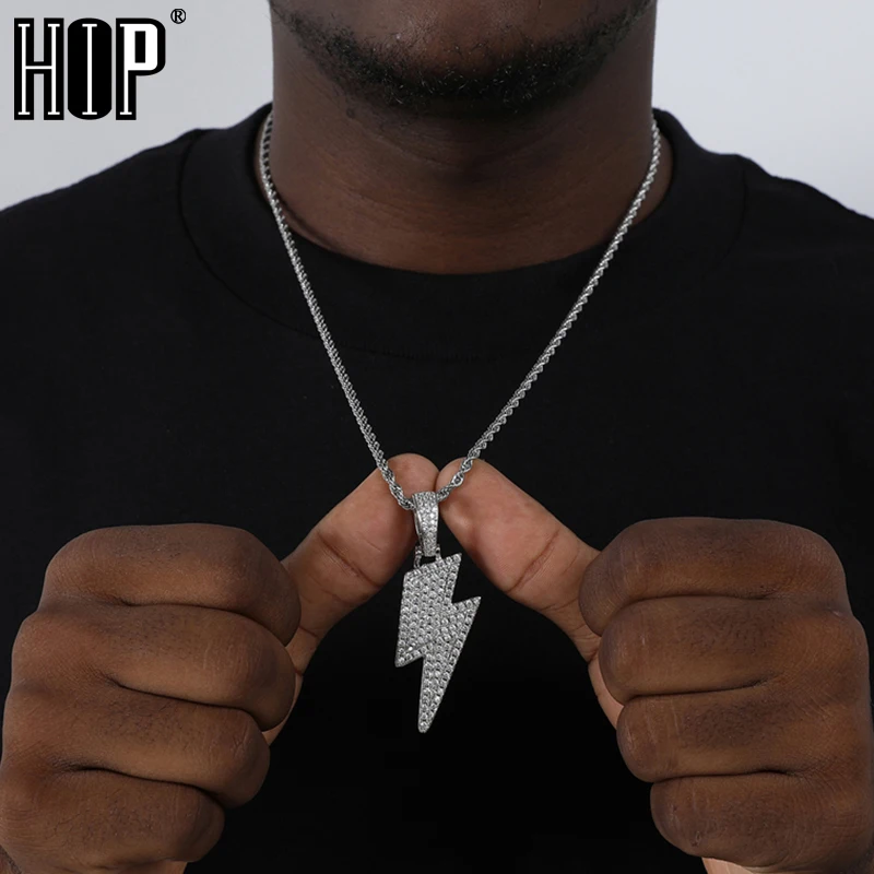 Hip Hop Bling Iced Out Micro Paved Cz Lightning Pendant & Necklaces For ...