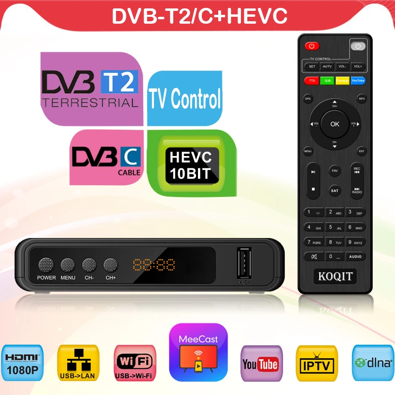 Koqit T10 Free DVB T2 Tuner DVBC H.265 HEVC Main 10 2in1 Remote DVBT2 Decoder Digital Europe DVB ...