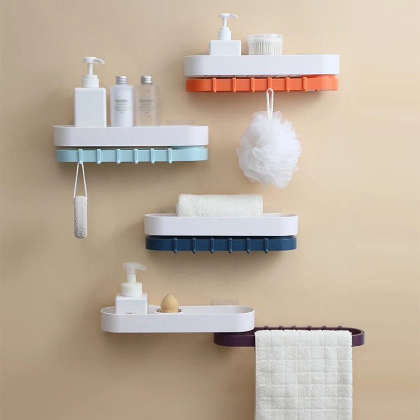 Double-layer-Rotating-Bathroom-Shelves-Storage-Rack-With-Hooks-Wall ...