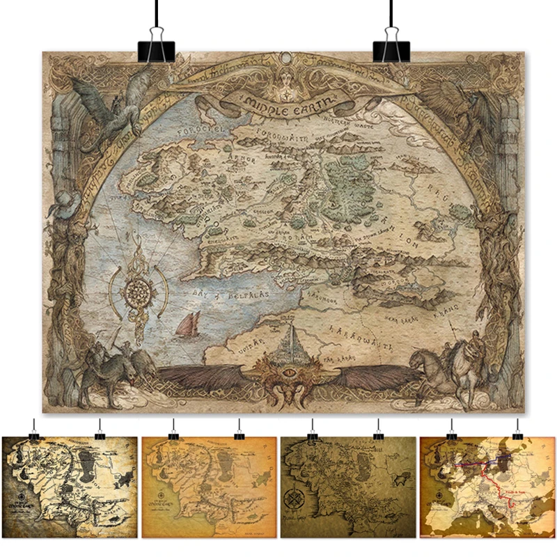Vintage Map Wall Poster Print Retro Middle Earth Movie Wall Artnear ...