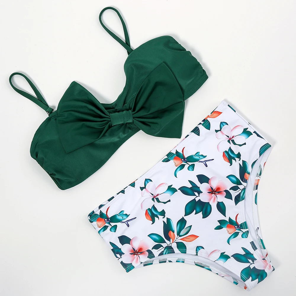 Sexy Leopard Bikini Flowers Chest Bow High Waist Split Push Up Biquini ...