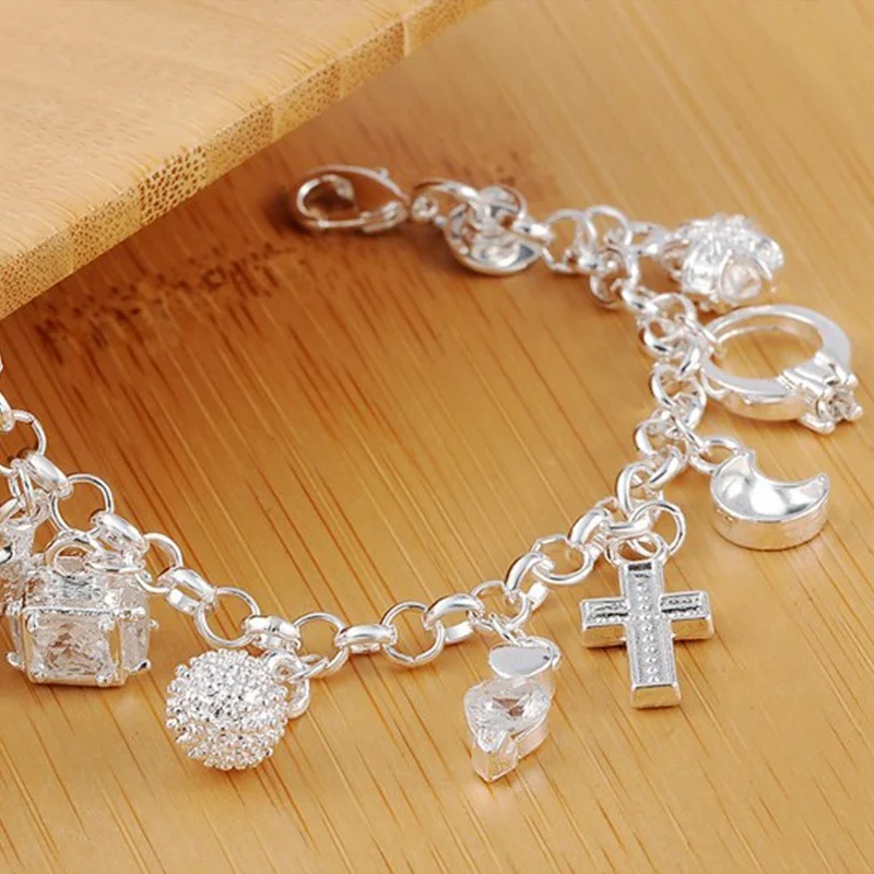 925-Sterling-Silver-Fashion-13pcs-Pendant-Chain-Charm-Bracelet-for ...