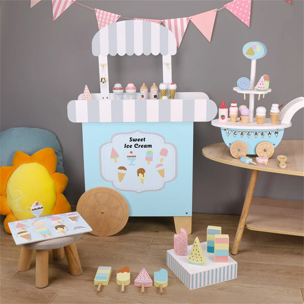 Wooden Ice Cream Cart Toys Set Ice Cream Toy Cart for Kids Puzzle Early ...