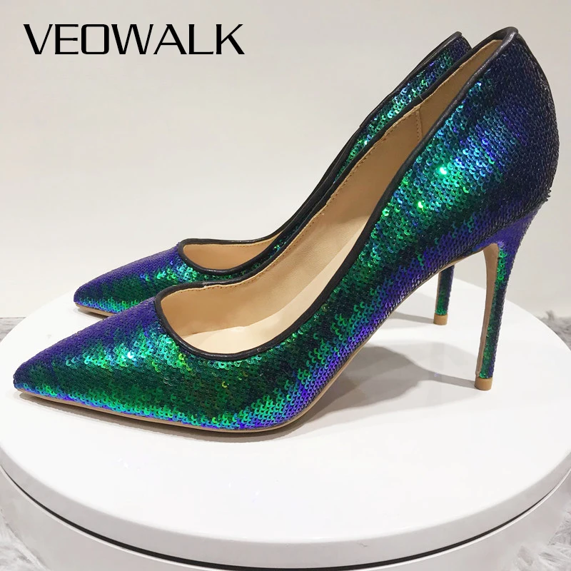 Veowalk Dark Green Women Sparkly Sequins Pointed Toe Stiletto Pumps ...