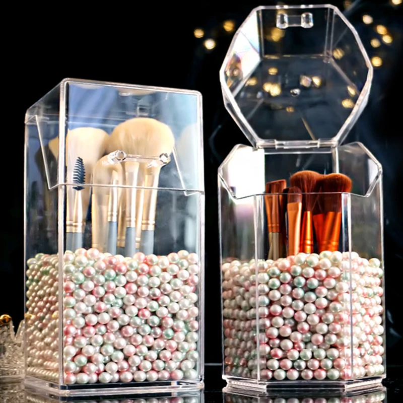 Acrylic cosmetic brush storage bucket beauty brush with pearl container ...