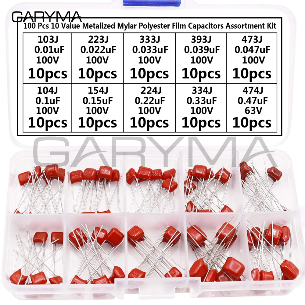 100Pcs-10Value-Metalized-Mylar-Polyester-Film-Capacitors-Assortment-Kit ...