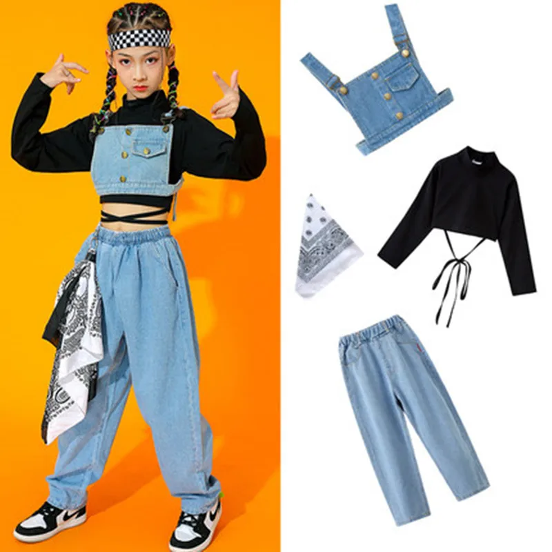 Traje de Jazz para niñas, ropa de Hip Hop, Denim de manga larga, traje ...