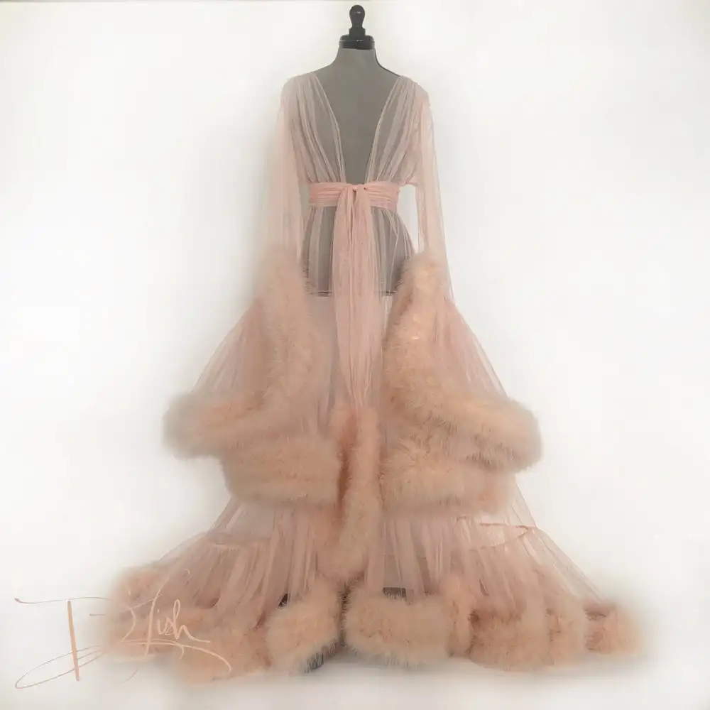 Champange V Neck Faux Fur Bridal Bathrobe Long Sleeves Wedding ...