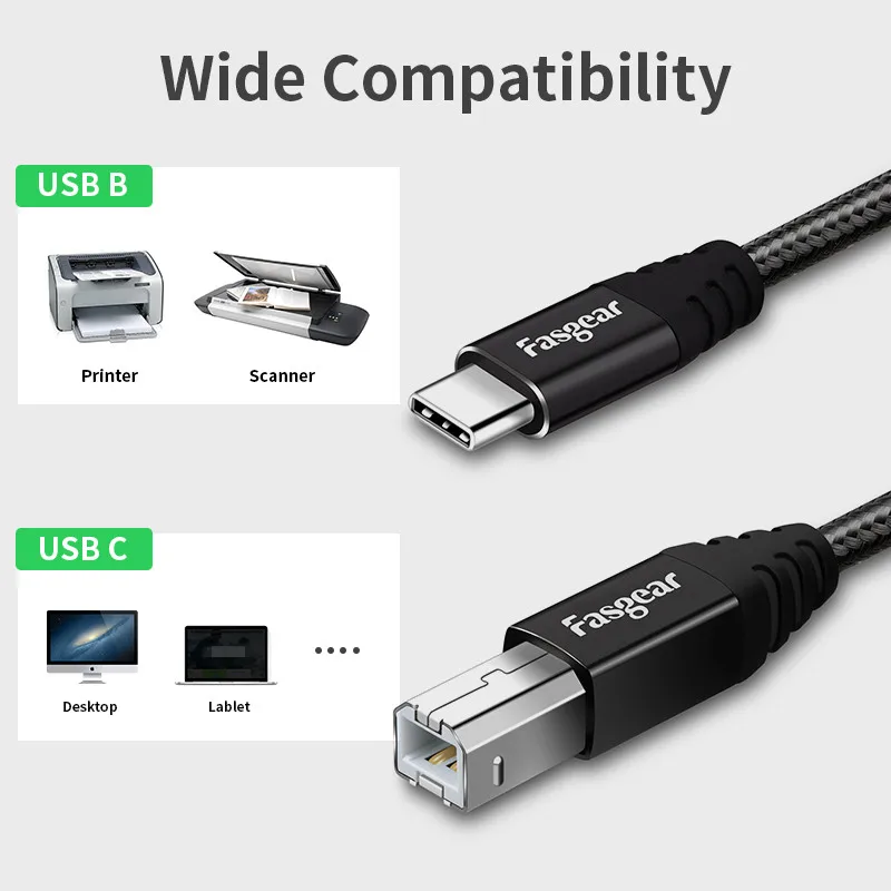 Câble d'imprimante USB C vers USB B - Fasgear - 1m - Noir - Transfert ...