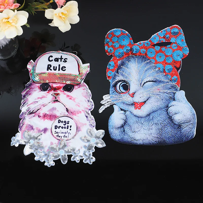 1pc Cartoon Cat Pattern Patches Sequin Motifs Large Fabric Animal Patch ...