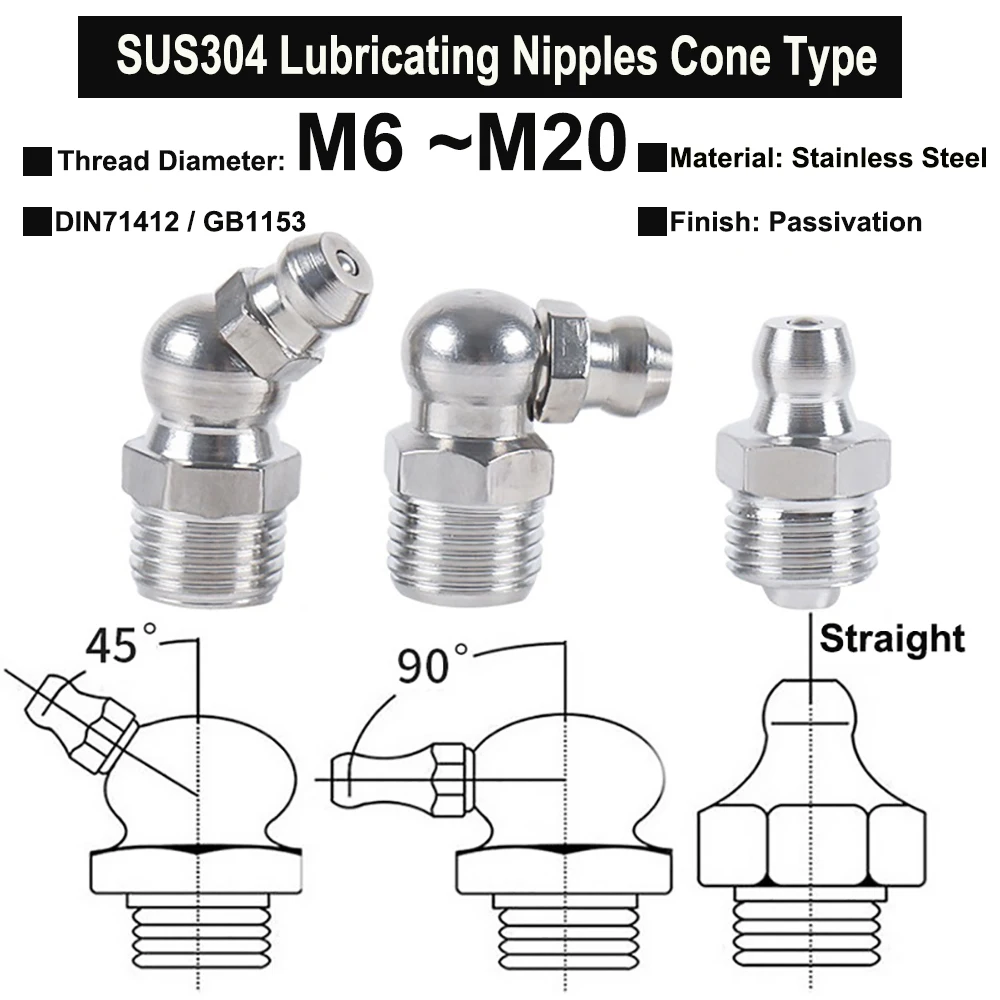 M6~m16 Sus304 Lubricating Nipples Cone Type Male Thread 45 / 90 Degree ...