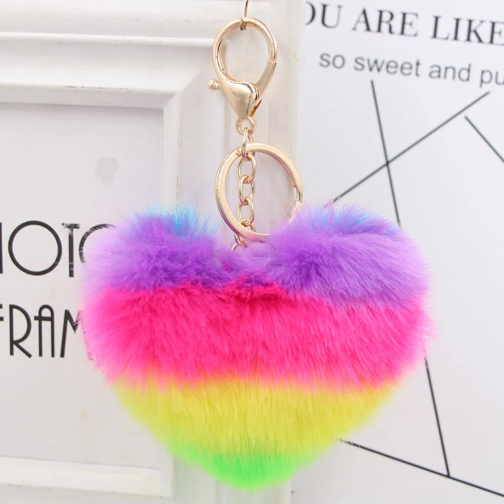 Fluffy Pompom Keychains Gifts for Women Soft Heart Shape Pompon Fake ...