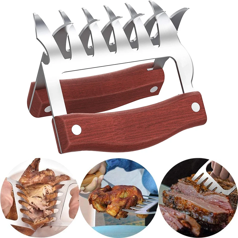 LMETJMA Bear Claws Stainless Steel BBQ Meat Shredder Claws with Wooden ...