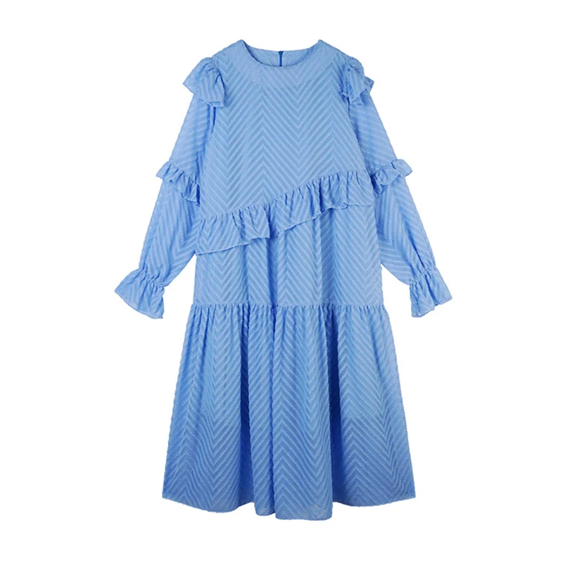 Vsue feminino azul bege o pescoço alargamento manga longa plissado midi ...