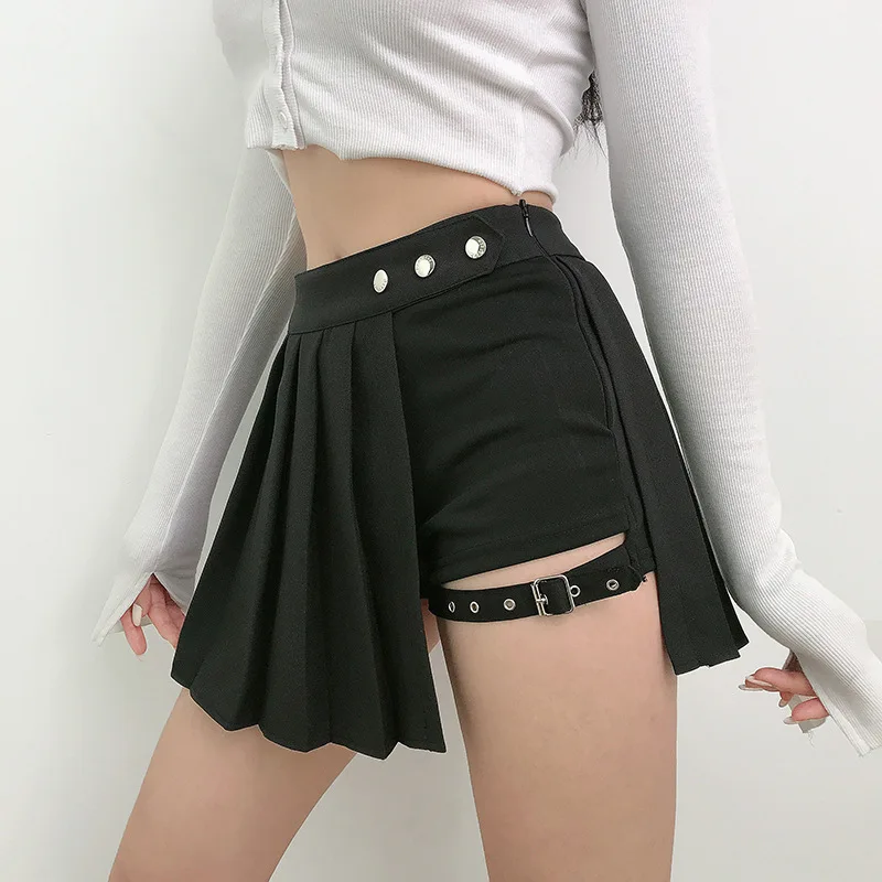 Pleated Girls 고딕 하프 스커트 여름 하라주쿠 펑크 스타일 체크 무늬 불규칙 스커트 여성 비대칭 하이 웨이스트 블랙