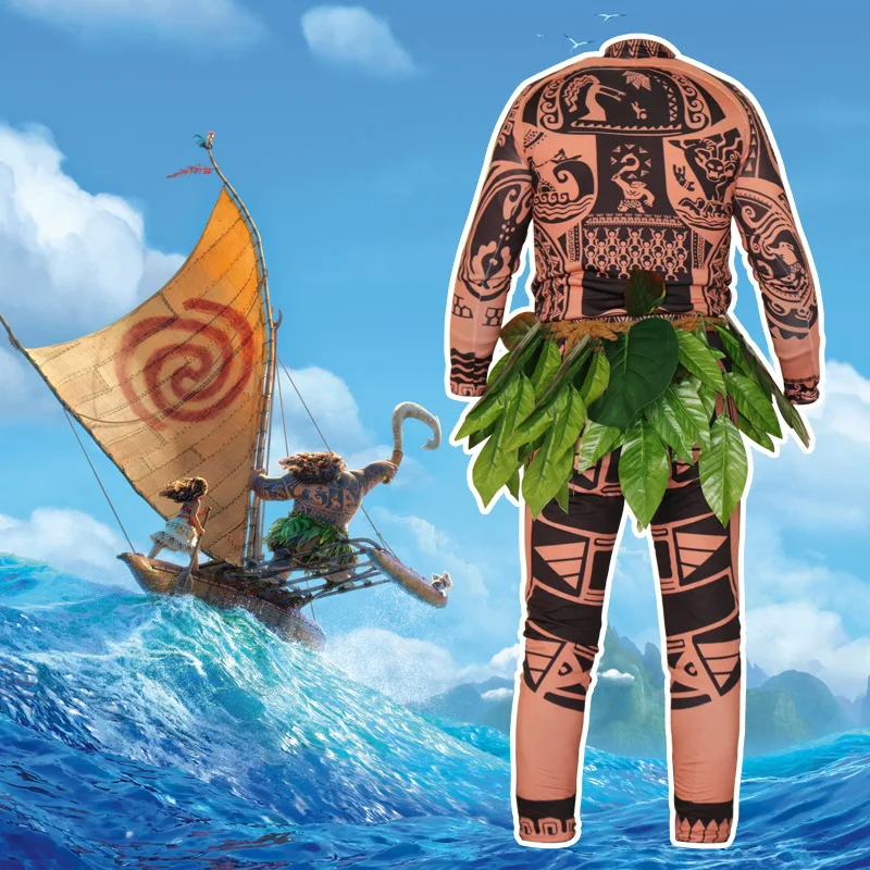 Moana Adult Anime Maui Cosplay Costumes Tattoo Printed Top Pant Belt ...