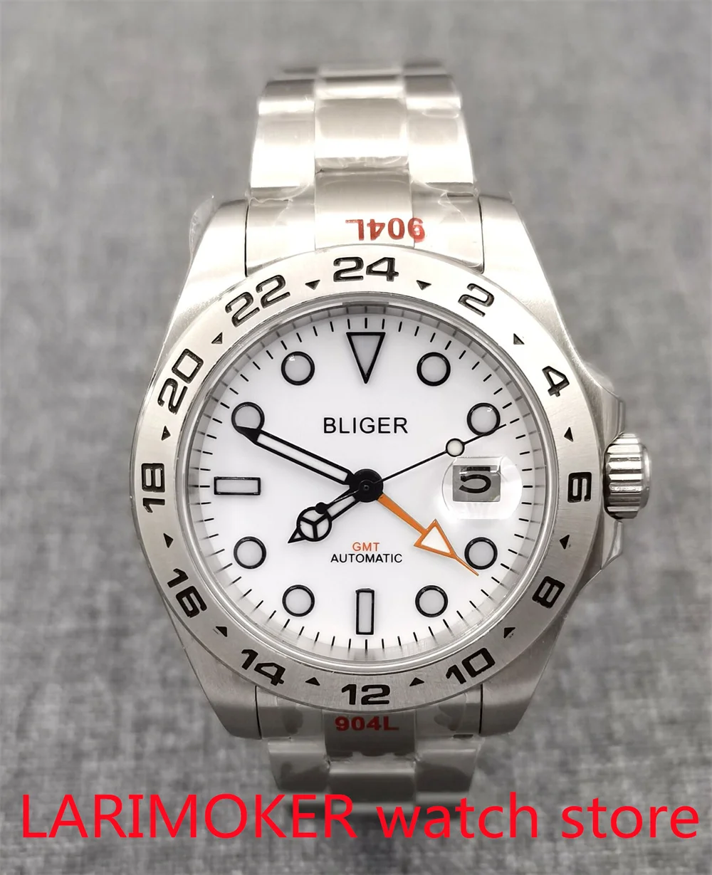 43mm Bliger White Dial Gmt Function Men's Watch Sapphire Crystal Silver ...