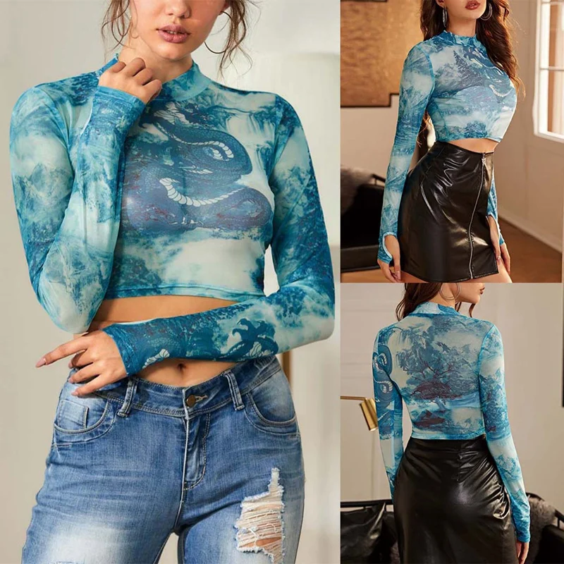 Otoño malla delgada transparente Crop Top femenina estampado moda ...