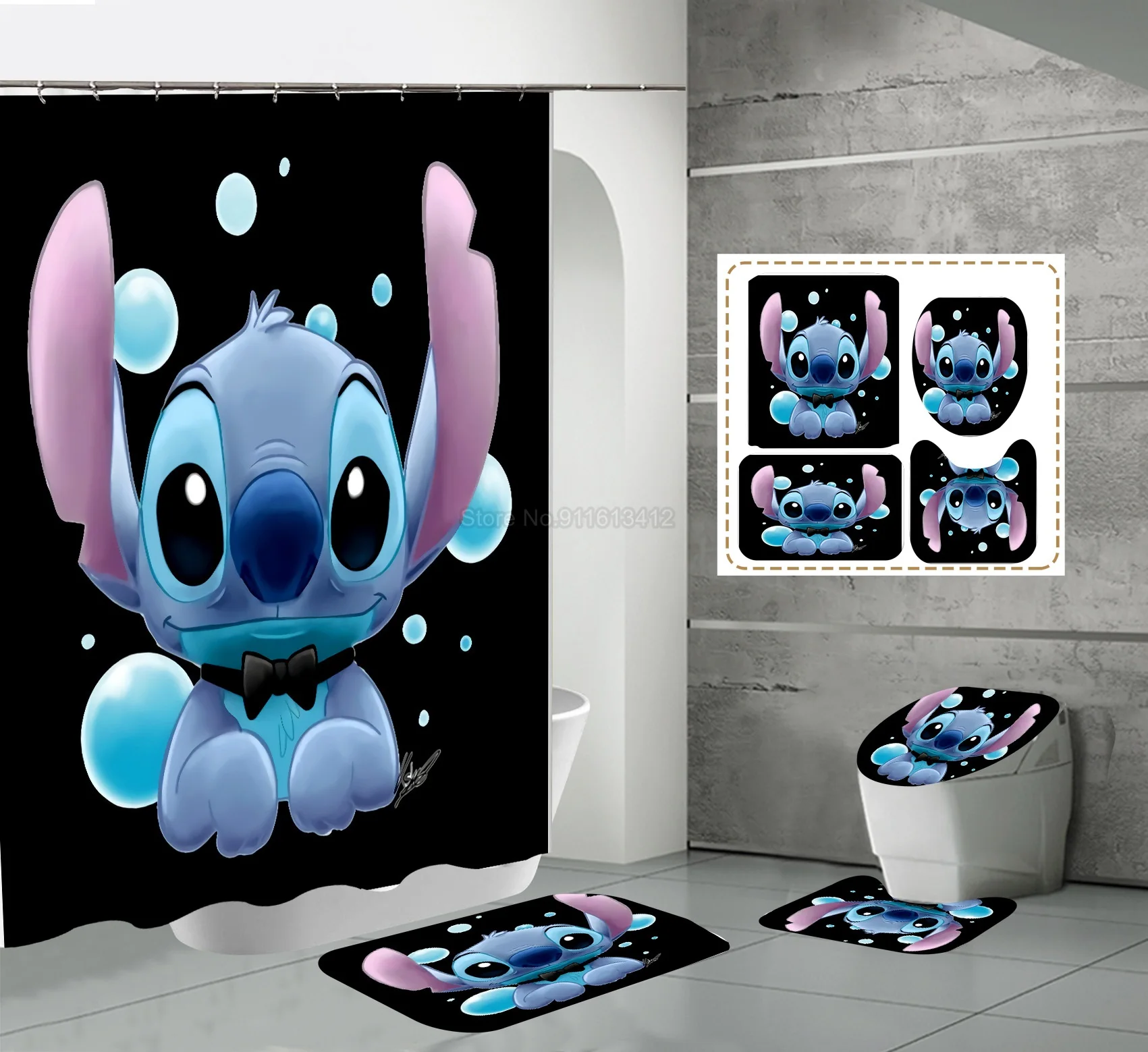 3D Luxury Disney Stitch Bathroom Curtains Shower Curtain Set for ...