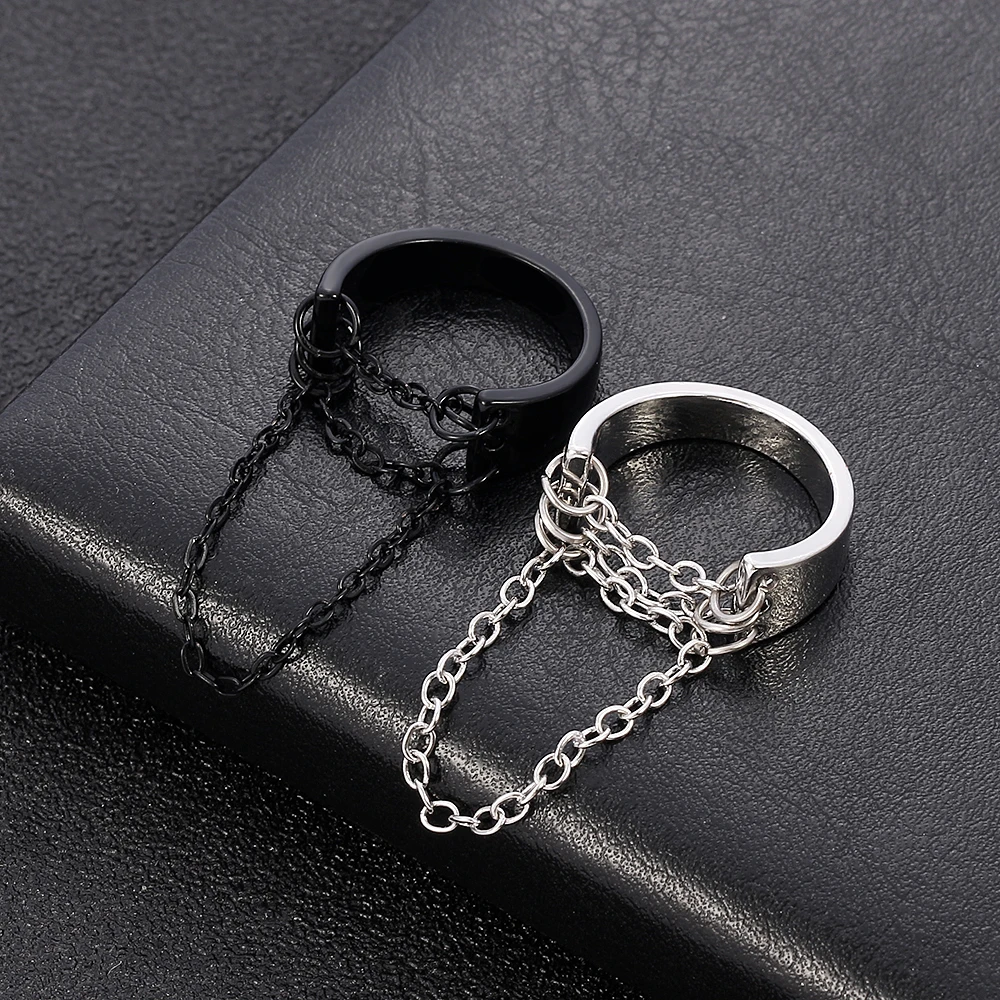Punk Fashion Black Silver Color Chain Rings Open Adjustable Cool Women ...