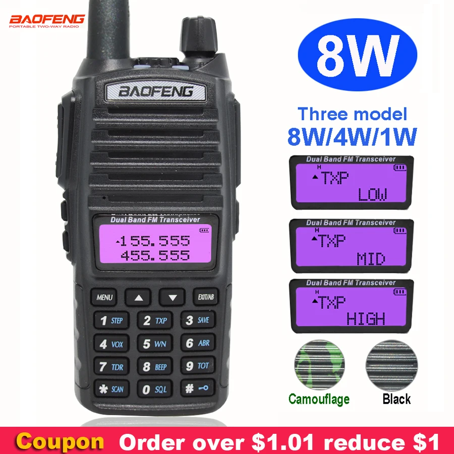 8W Portable Radio Walkie Talkie Baofeng UV 82 Dual PTT Button two way Radio Vhf Uhf Dual Band ...