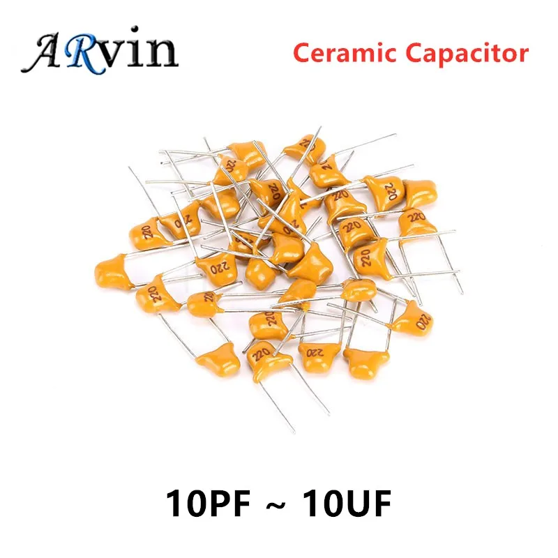 100Pcs 50V Monolithic Ceramic Capacitor 10PF ~ 10UF 22PF 47NF 220NF 1NF ...