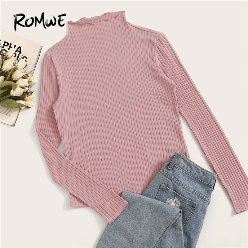 ROMWE Lettuce Trim Neck Rib-Knit Form Fitted Top Solid Fall Clothes for ...