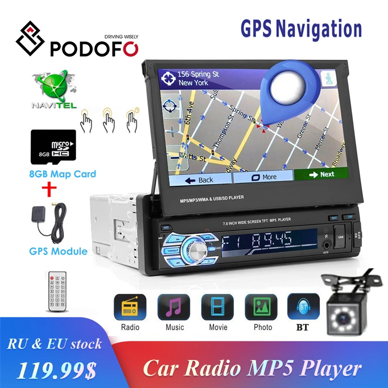 Podofo 1 Din Car Radio Stereo 7" Retractable Screen Multimedia Player ...