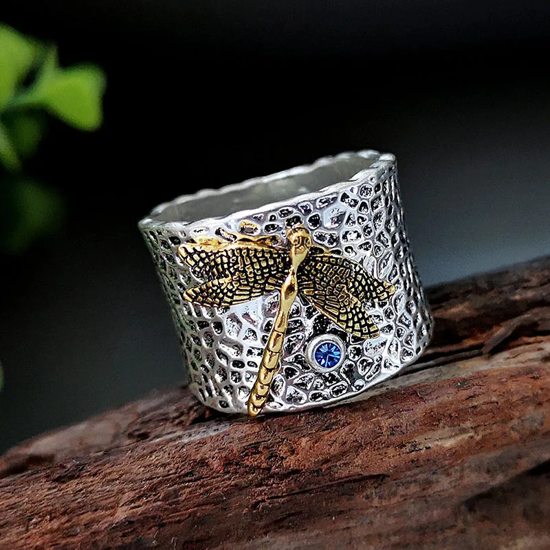Vintage Large Dragonfly Rings for Women Men Lovely Gold Animal Blue Cr ...