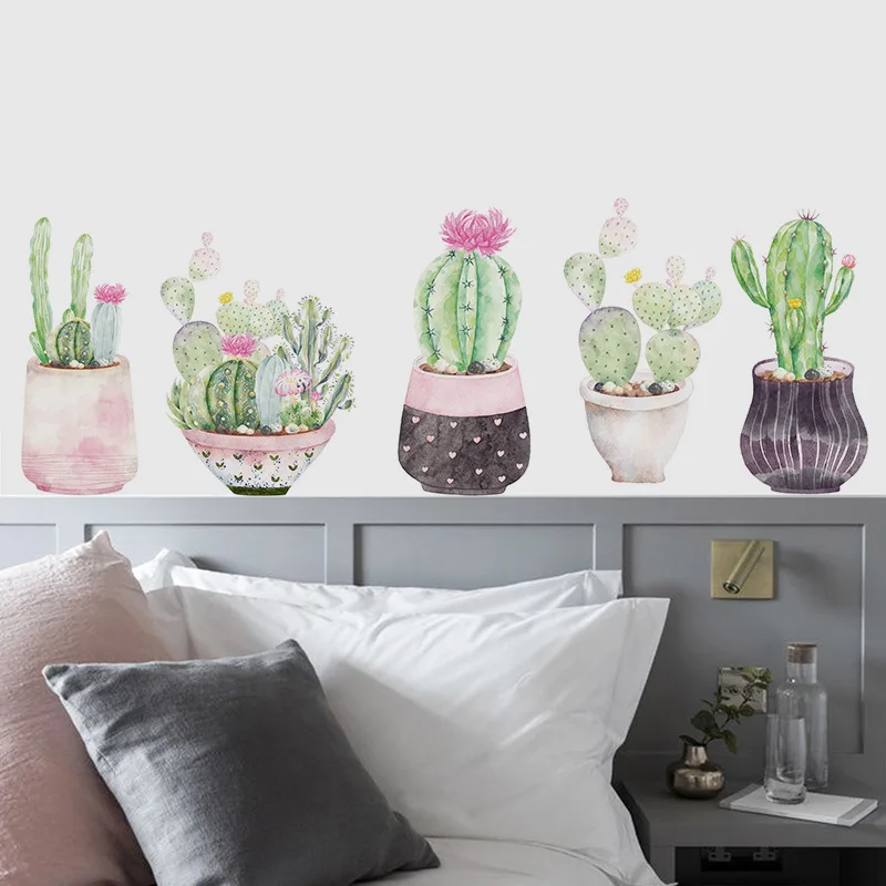 Water Color Cactus Potted Wall Sticker Living Room Background ...