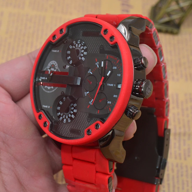Мужские кварцевые часы красный двойной часовой пояс движения